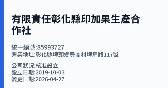 有限責任彰化縣印加果生產合作社的照片-統編 85993727(彰化縣) 公司登記資料與營業項目詳細圖表