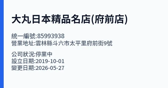 大丸日本精品名店(府前店)的照片-統編 85993938(雲林縣) 公司登記資料與營業項目詳細圖表