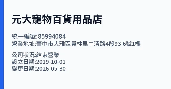 元大寵物百貨用品店的照片-統編 85994084(臺中市) 公司登記資料與營業項目詳細圖表