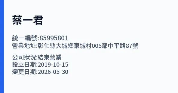 蔡一君的照片-統編 85995801(彰化縣) 公司登記資料與營業項目詳細圖表