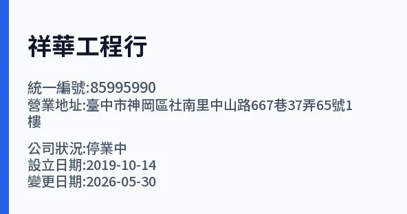 祥華工程行的照片-統編 85995990(臺中市) 公司登記資料與營業項目詳細圖表