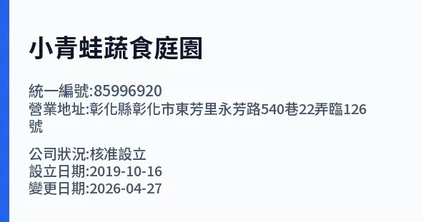小青蛙蔬食庭園的照片-統編 85996920(彰化縣) 公司登記資料與營業項目詳細圖表
