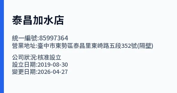 泰昌加水店的照片-統編 85997364(臺中市) 公司登記資料與營業項目詳細圖表