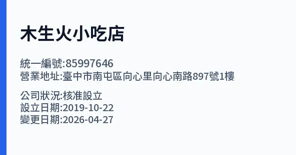 木生火小吃店的照片-統編 85997646(臺中市) 公司登記資料與營業項目詳細圖表