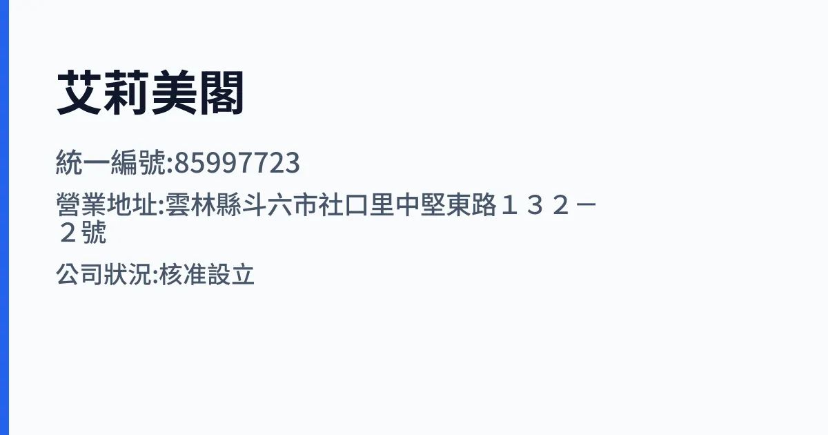 艾莉美閣 - 統編 85997723(雲林縣) 公司登記資料與營業項目詳細圖表