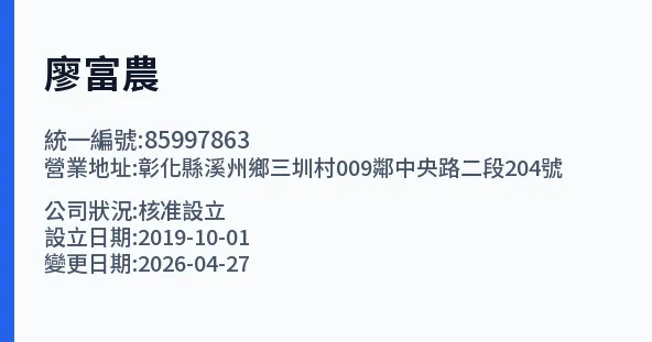 廖富農的照片-統編 85997863(彰化縣) 公司登記資料與營業項目詳細圖表