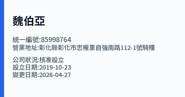 魏伯亞的照片-統編 85998764(彰化縣) 公司登記資料與營業項目詳細圖表