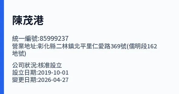陳茂港的照片-統編 85999237(彰化縣) 公司登記資料與營業項目詳細圖表