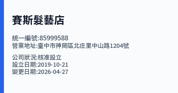 賽斯髮藝店的照片-統編 85999588(臺中市) 公司登記資料與營業項目詳細圖表
