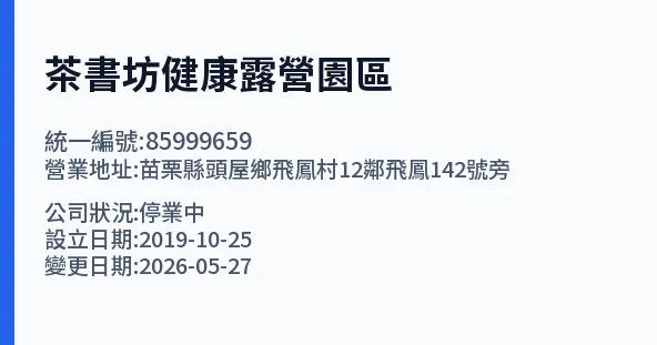 茶書坊健康露營園區的照片-統編 85999659(苗栗縣) 公司登記資料與營業項目詳細圖表