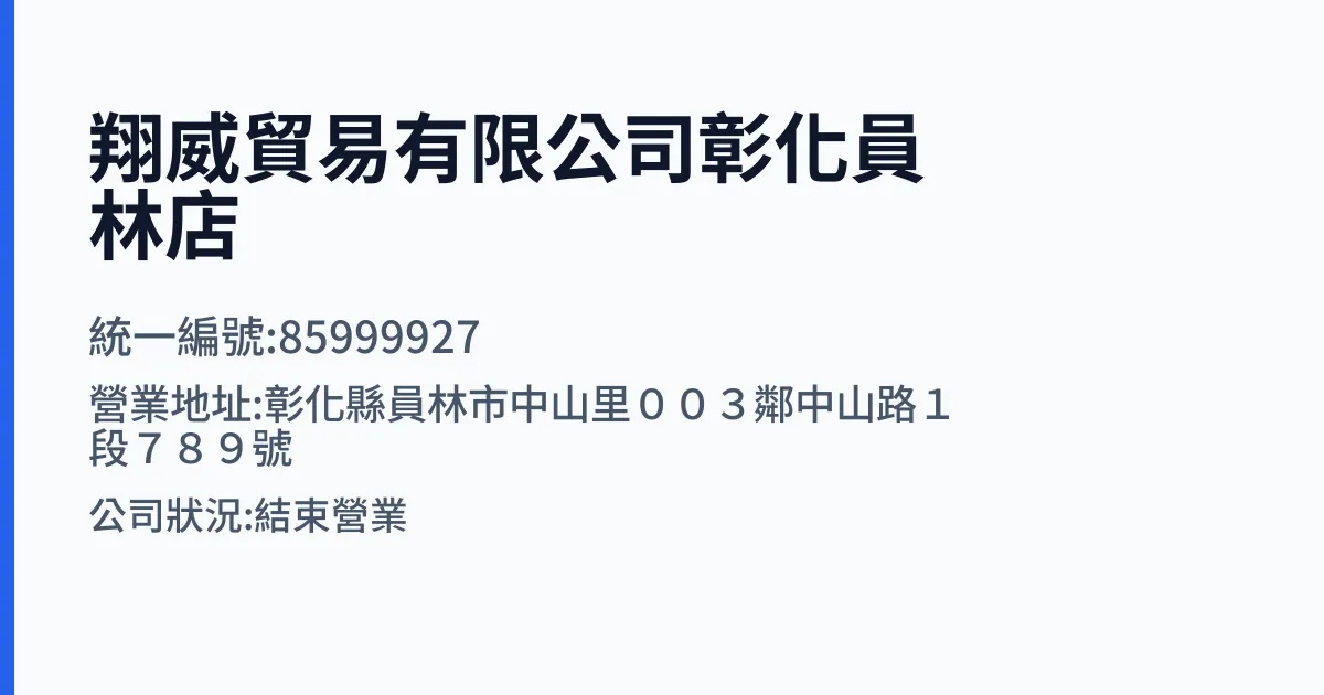 翔威貿易有限公司彰化員林店 - 統編 85999927(彰化縣) 公司登記資料與營業項目詳細圖表