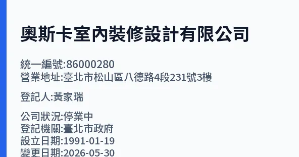 奧斯卡室內裝修設計有限公司的照片-統編 86000280(臺北市) 公司登記資料與營業項目詳細圖表