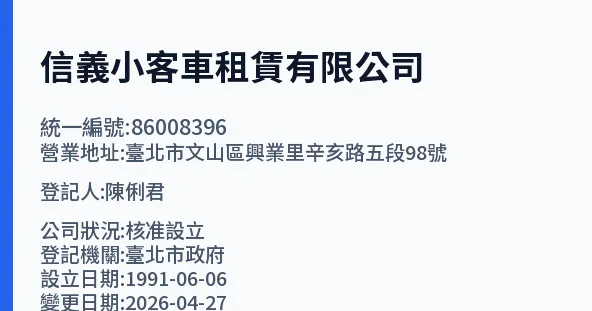 信義小客車租賃有限公司的照片-統編 86008396(臺北市) 公司登記資料與營業項目詳細圖表