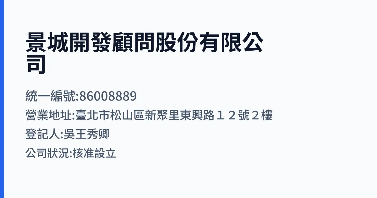 景城開發顧問股份有限公司 - 統編 86008889(臺北市) 公司登記資料與營業項目詳細圖表