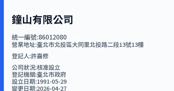 鐘山有限公司的照片-統編 86012080(臺北市) 公司登記資料與營業項目詳細圖表