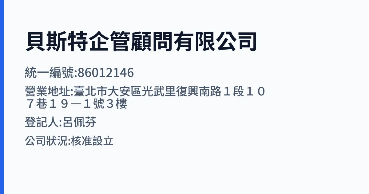 貝斯特企管顧問有限公司 - 統編 86012146(臺北市) 公司登記資料與營業項目詳細圖表