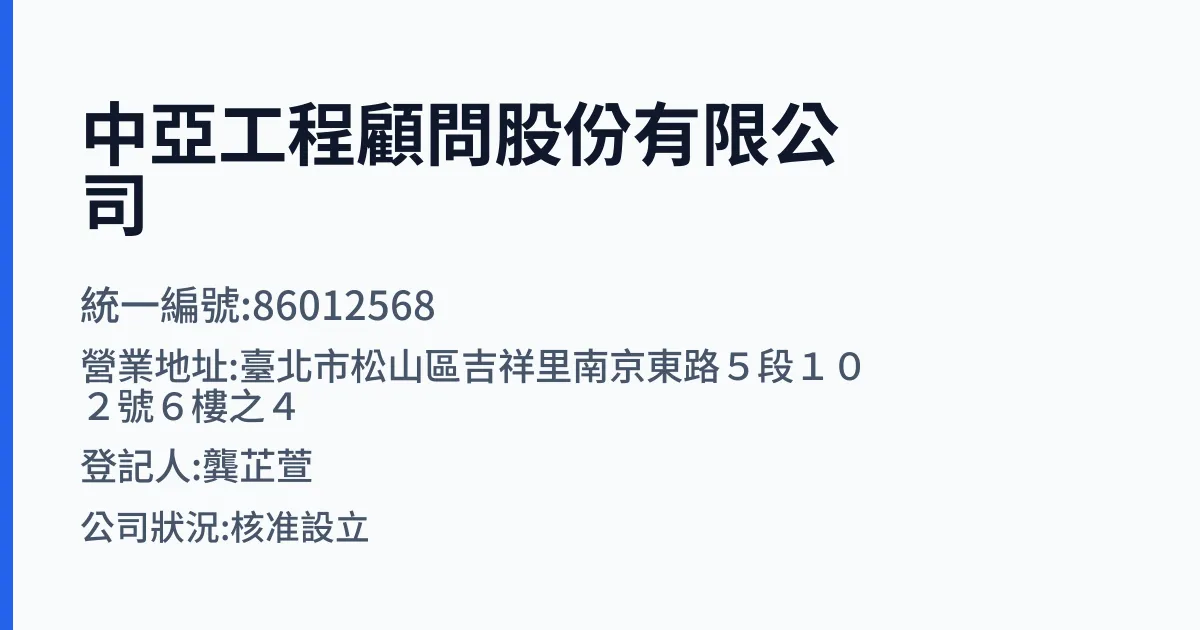 中亞工程顧問股份有限公司 - 統編 86012568(臺北市) 公司登記資料與營業項目詳細圖表