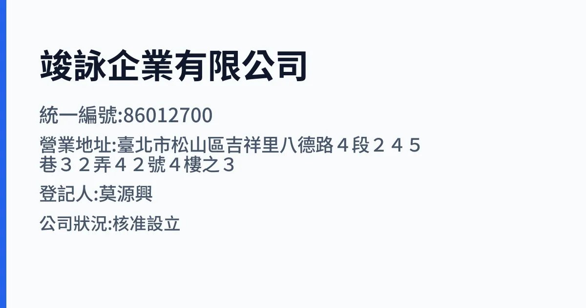 竣詠企業有限公司 - 統編 86012700(臺北市) 公司登記資料與營業項目詳細圖表