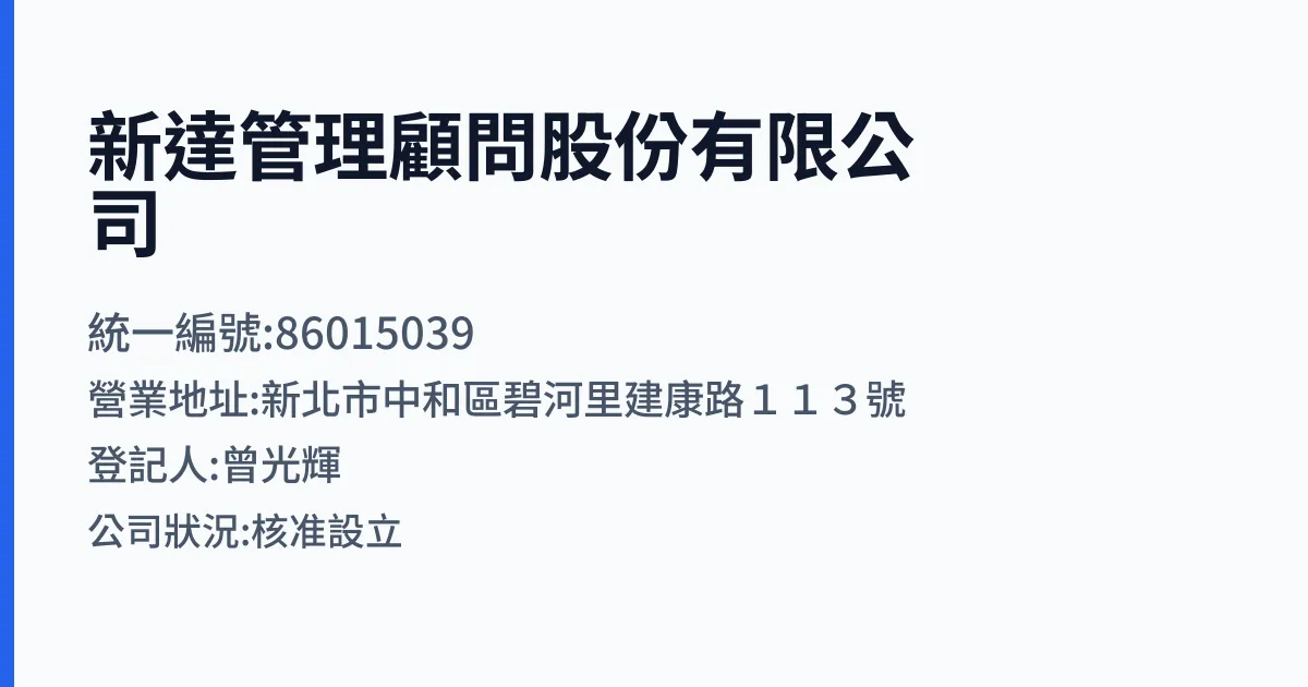 新達管理顧問股份有限公司 - 統編 86015039(新北市) 公司登記資料與營業項目詳細圖表