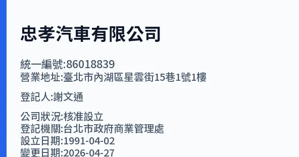 忠孝汽車有限公司的照片-統編 86018839(臺北市) 公司登記資料與營業項目詳細圖表