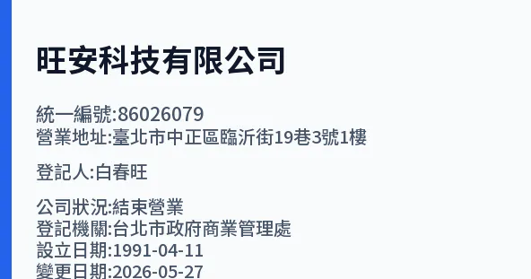 旺安科技有限公司的照片-統編 86026079(臺北市) 公司登記資料與營業項目詳細圖表