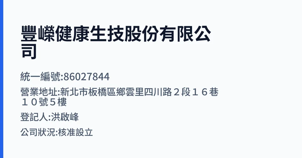 豐嶸健康生技股份有限公司 - 統編 86027844(新北市) 公司登記資料與營業項目詳細圖表