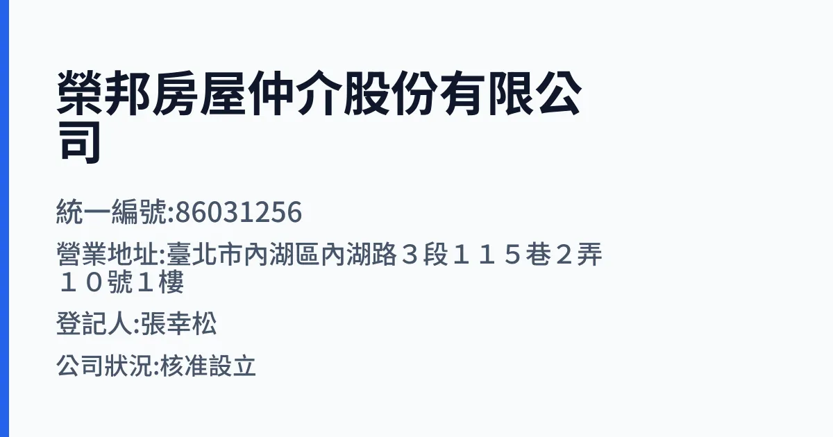 榮邦房屋仲介股份有限公司 - 統編 86031256(臺北市) 公司登記資料與營業項目詳細圖表