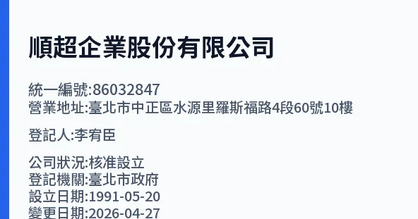 順超企業股份有限公司的照片-統編 86032847(臺北市) 公司登記資料與營業項目詳細圖表