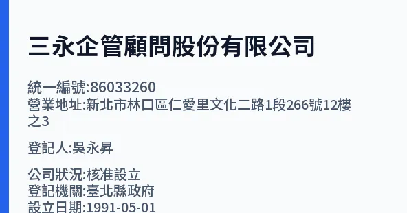 三永企管顧問股份有限公司的照片-統編 86033260(新北市) 公司登記資料與營業項目詳細圖表
