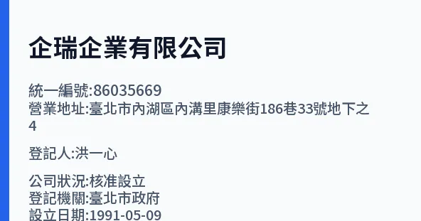 企瑞企業有限公司的照片-統編 86035669(臺北市) 公司登記資料與營業項目詳細圖表