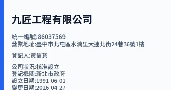 九匠工程有限公司的照片-統編 86037569(臺中市) 公司登記資料與營業項目詳細圖表