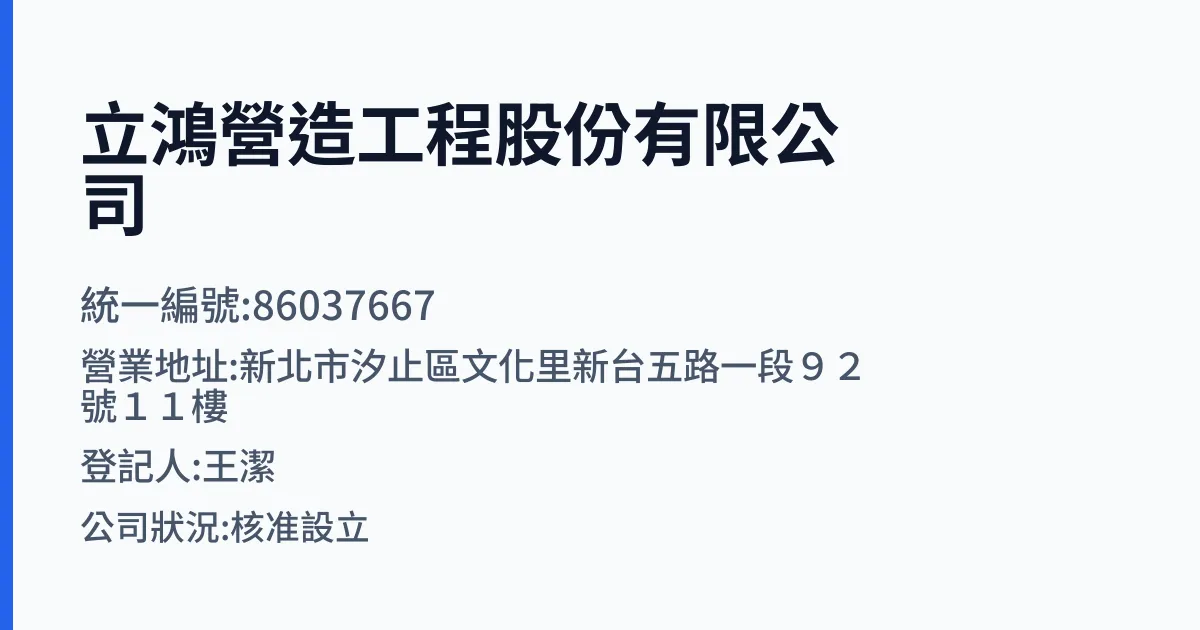 立鴻營造工程股份有限公司 - 統編 86037667(新北市) 公司登記資料與營業項目詳細圖表