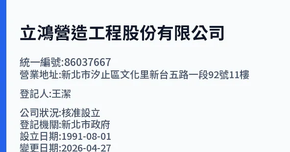 立鴻營造工程股份有限公司的照片-統編 86037667(新北市) 公司登記資料與營業項目詳細圖表