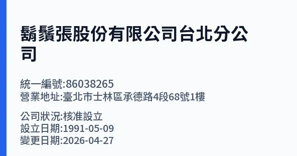 鬍鬚張股份有限公司台北分公司的照片-統編 86038265(臺北市) 公司登記資料與營業項目詳細圖表
