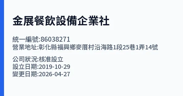 金展餐飲設備企業社的照片-統編 86038271(彰化縣) 公司登記資料與營業項目詳細圖表