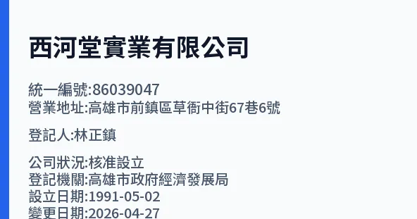 西河堂實業有限公司的照片-統編 86039047(高雄市) 公司登記資料與營業項目詳細圖表