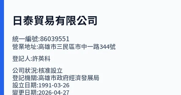 日泰貿易有限公司的照片-統編 86039551(高雄市) 公司登記資料與營業項目詳細圖表