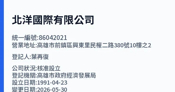 北洋國際有限公司的照片-統編 86042021(高雄市) 公司登記資料與營業項目詳細圖表