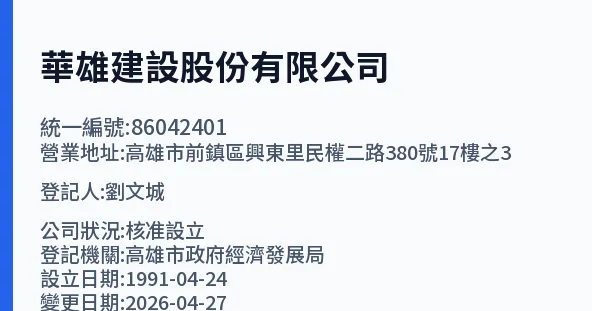華雄建設股份有限公司的照片-統編 86042401(高雄市) 公司登記資料與營業項目詳細圖表