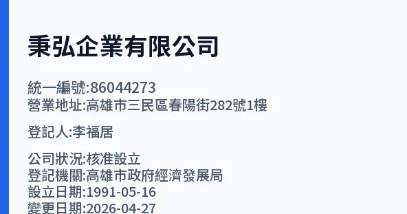 秉弘企業有限公司的照片-統編 86044273(高雄市) 公司登記資料與營業項目詳細圖表