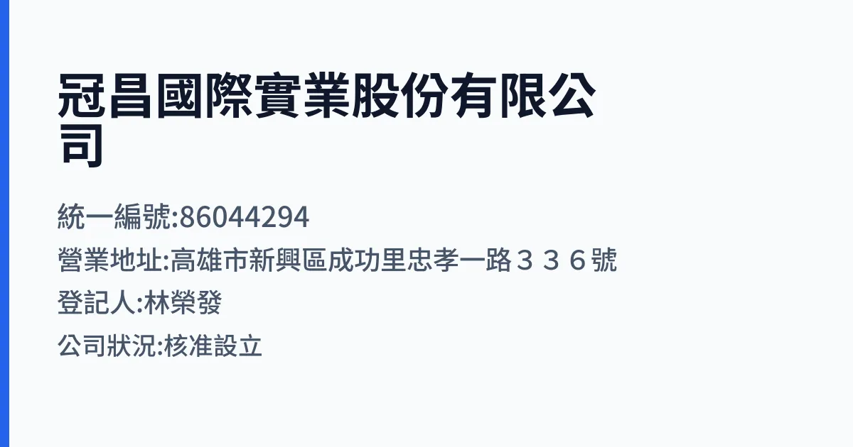 冠昌國際實業股份有限公司 - 統編 86044294(高雄市) 公司登記資料與營業項目詳細圖表