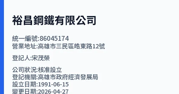 裕昌鋼鐵有限公司的照片-統編 86045174(高雄市) 公司登記資料與營業項目詳細圖表