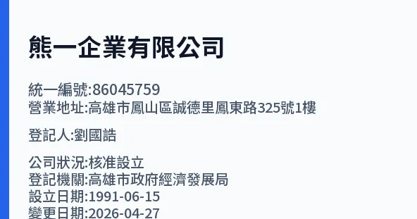 熊一企業有限公司的照片-統編 86045759(高雄市) 公司登記資料與營業項目詳細圖表