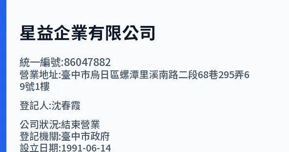 星益企業有限公司的照片-統編 86047882(臺中市) 公司登記資料與營業項目詳細圖表