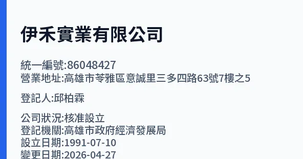 伊禾實業有限公司的照片-統編 86048427(高雄市) 公司登記資料與營業項目詳細圖表