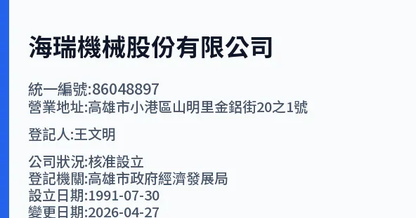 海瑞機械股份有限公司的照片-統編 86048897(高雄市) 公司登記資料與營業項目詳細圖表