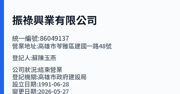 振祿興業有限公司的照片-統編 86049137(高雄市) 公司登記資料與營業項目詳細圖表