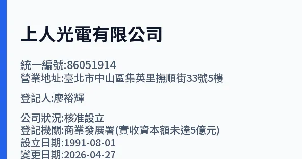 上人光電有限公司的照片-統編 86051914(臺北市) 公司登記資料與營業項目詳細圖表