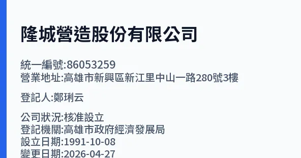 隆城營造股份有限公司的照片-統編 86053259(高雄市) 公司登記資料與營業項目詳細圖表
