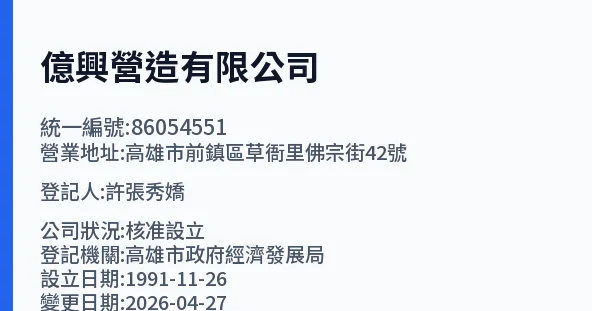 億興營造有限公司的照片-統編 86054551(高雄市) 公司登記資料與營業項目詳細圖表